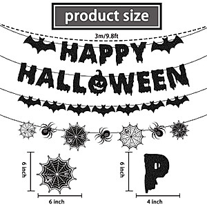 Happy Halloween Banner, NO-DIY Spider Web Halloween Decorations Garland Bat Garland Black Glitter Halloween Banner, Spider Garland for Halloween Office Decorations Halloween Classroom Decorations