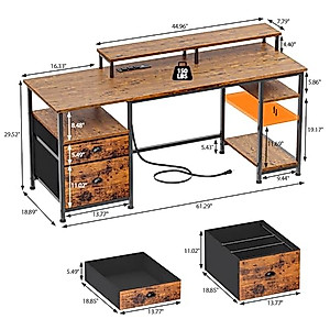 Furologee 61" Computer Desk with Power Outlet and USB Ports, Large Desk with Shelves and Drawer, Writing Study Desk with Fabric File Cabinet and Long Monitor Stand, Gaming Desk for Home Office