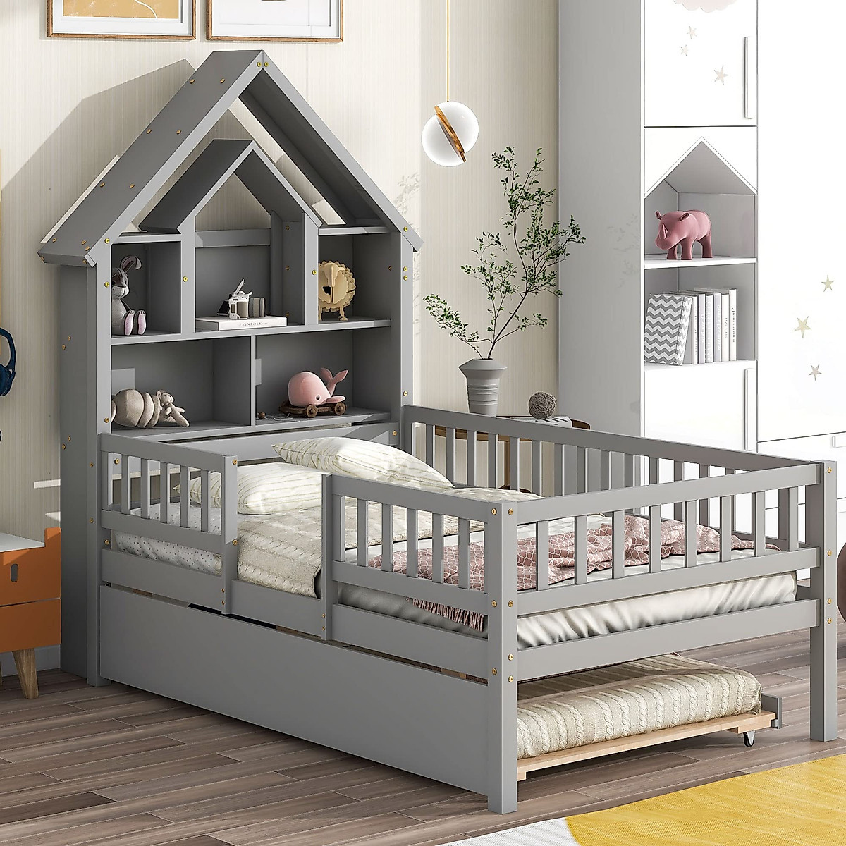 Twin House Bed with Bookcase Headboard and Trundle, Montessori Bed Twin Platform Bed with Storage and Fence Guardrails, Solid Wood Playhouse Bed Frame for Kids Teens Girls Boys (Twin Size, Gray)