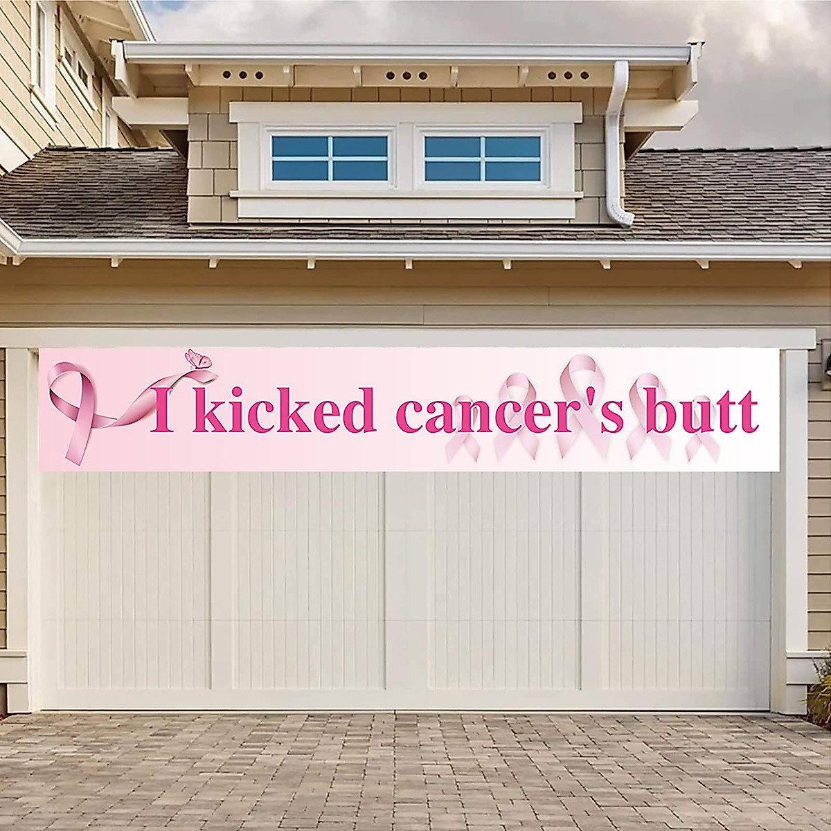 GENERC Large I Kicked Cancer's Butt Banner, Pink Ribbon Party Sign Decoration Hope Strength Courage Faith Backdrop for Breast Cancer Awareness Party Decoration Supplies - 118'' x 19.7''