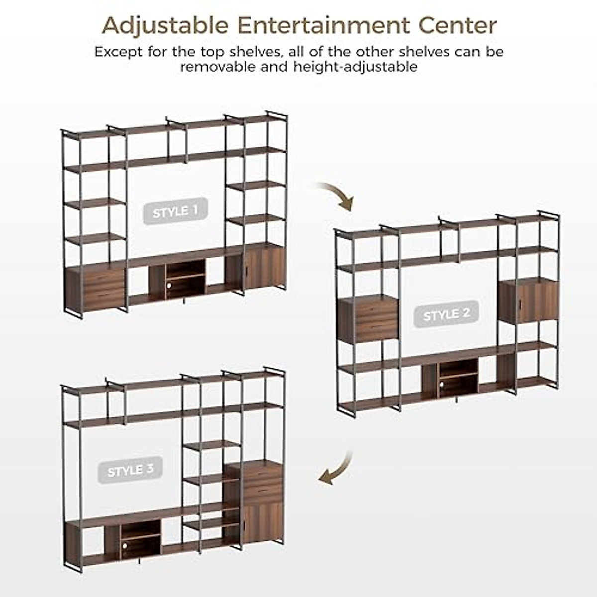 EUREKA ERGONOMIC Entertainment Center, TV Stand with Drawers Cabinet Storage Bookshelves, 111 Inch Wide Modern Media Console Cabinet for 65" TV Walnut Veneer Metal TV Console Table for Living Room