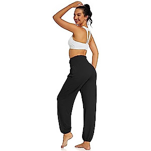 UEU Women's Casual Loose Harem Yoga Pants Elastic High Waist Lounge Comfy Pajama with Pockets(Black, M)