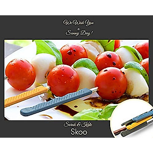 Skoo Barbecue Skewers Set - 7 Silicone Handled Stainless Steel BBQ Skewers + Silicone Storage Bag - 14" Flat Metal Shish Kebab Skewers for Grilling - Reusable Grill Kabob Skewer Sticks + Rollable Bag