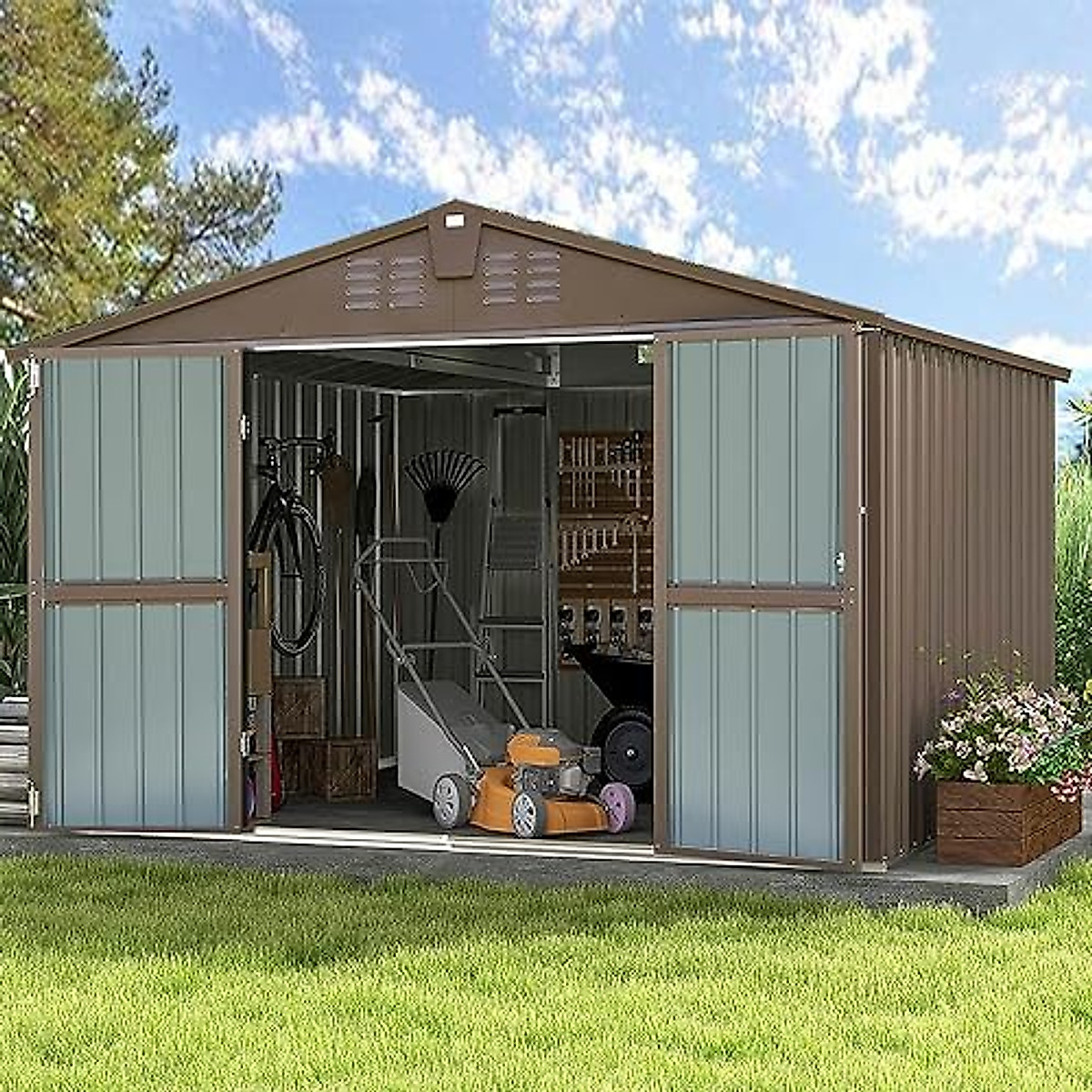 UBGO Large Metal Storage Shed,10x8ft Sheds & Outdoor Storage,Patio Storage Cabinet with Lockable Door,Tool Cabinet with Vents Steel Garden Tool Shed for Patio,Lawn to Store Bikes,Tools,Lawnmowers,Gray