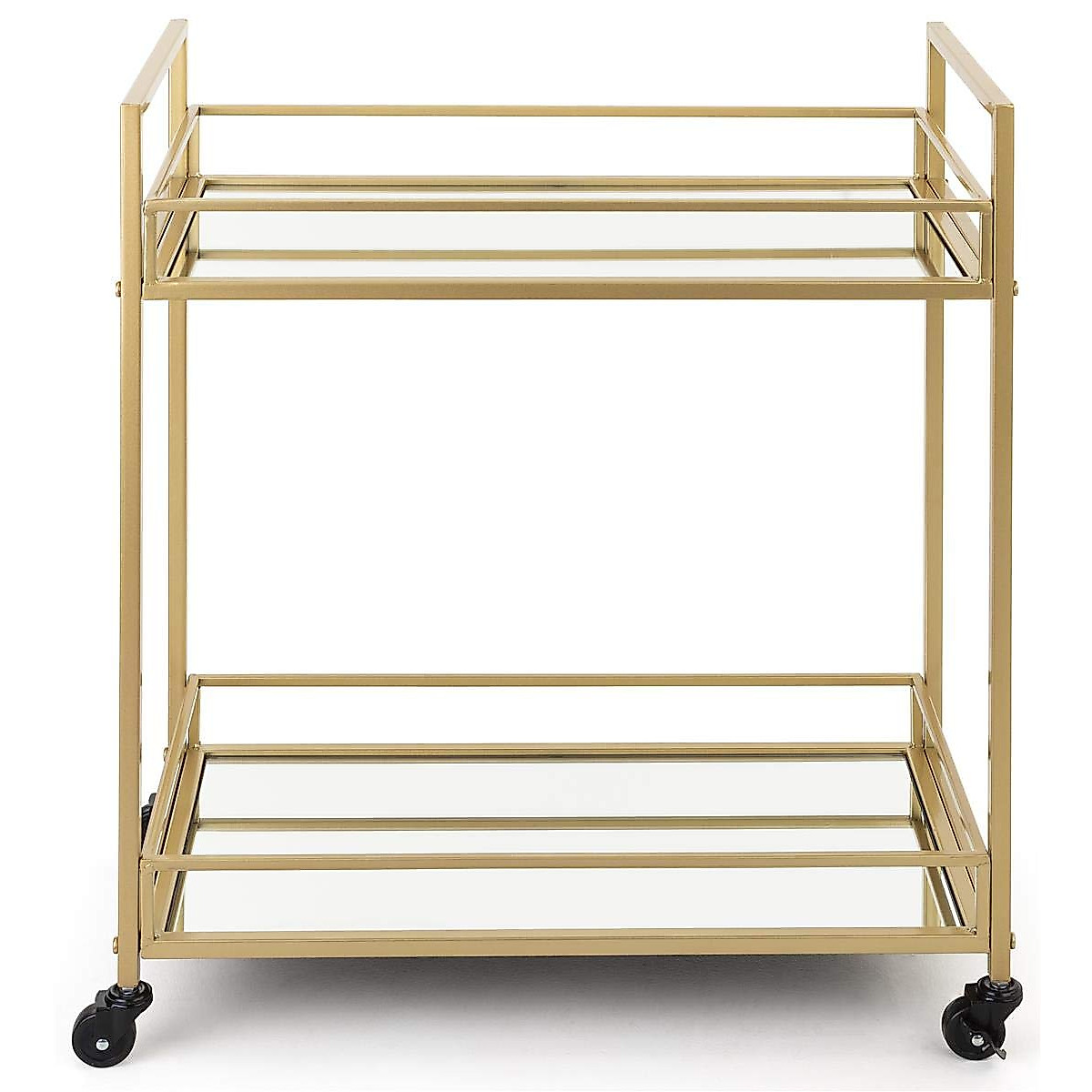 Displays2go Rolling Metal Bar Cart, Mirrored Glass Shelves, Four Swiveling Casters - Gold (FSBEVCART1)