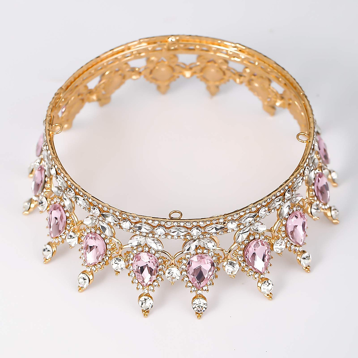 FORSEVEN Queen Crown Rhinestone Wedding Crowns and Tiaras for Women Costume Party Hair Accessories Princess Birthday Crown Crystal Bridal Crown (Gold+Pink)