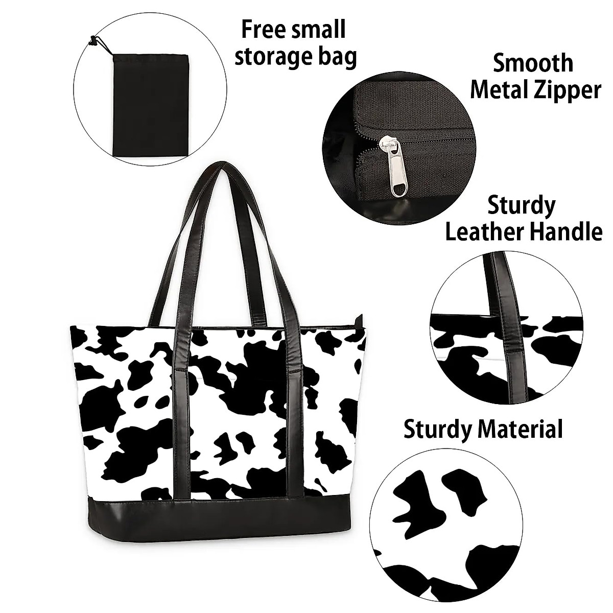 Large Tote for Women's Travel, Beach, Shoulder Bag with Zipper - 15.6'' Laptop Bag - Lightweight Tote Handbag in Cow Pattern