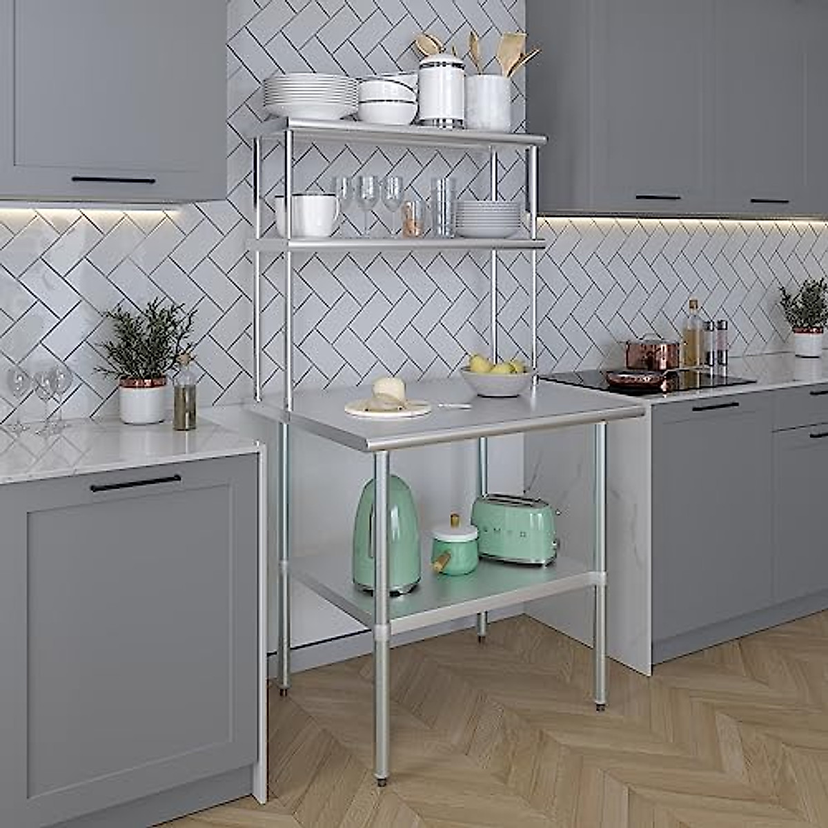 30" x 36" Stainless Steel Work Table with 12" Wide Double Tier Overshelf | Metal Kitchen Prep Table & Shelving Combo