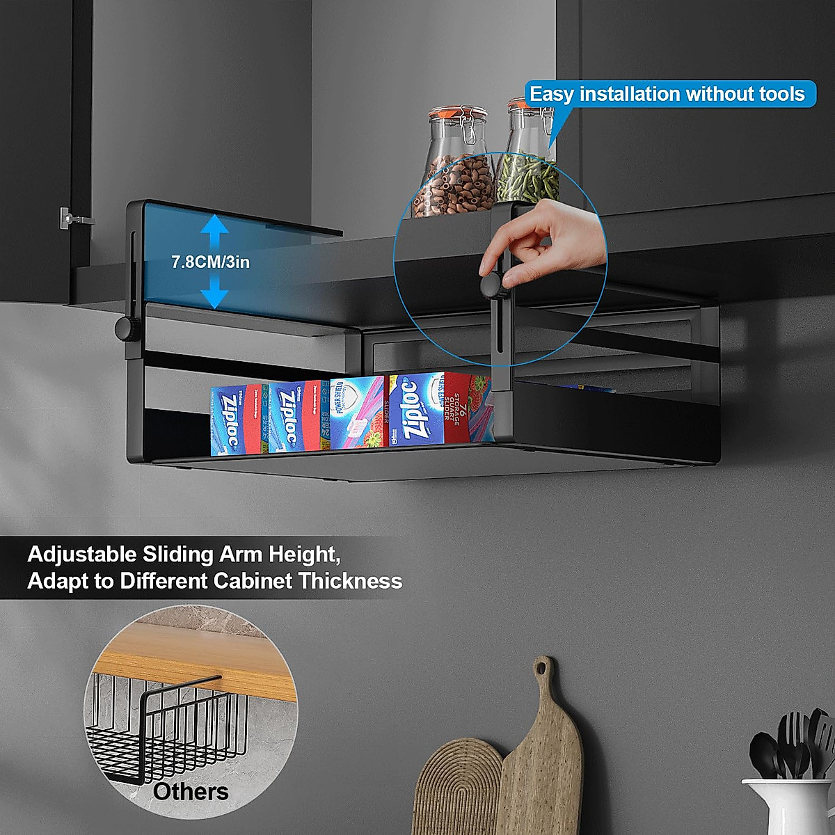 AmonHouseware 2 Pack Under Shelf Storage Basket Organizer,Adjustable Hanging Under Cabinet Add-on Storage Racks Slide-in Baskets Organizer for Laundry Room Kitchen Pantry Desk Bookshelf, Black