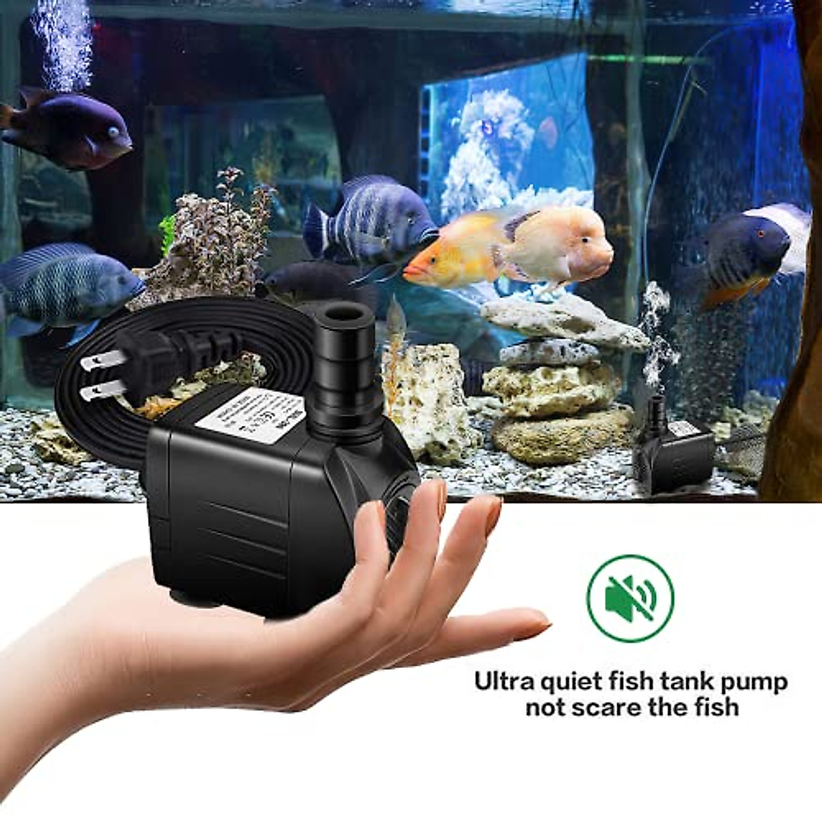 Fountain Pump with Led Lights, 220GPH 15W Submersible Water Fountain with 63" High Lift for Aquarium Fish Tank Pond Hydroponic 5.9ft Power Cord, 2 Nozzles