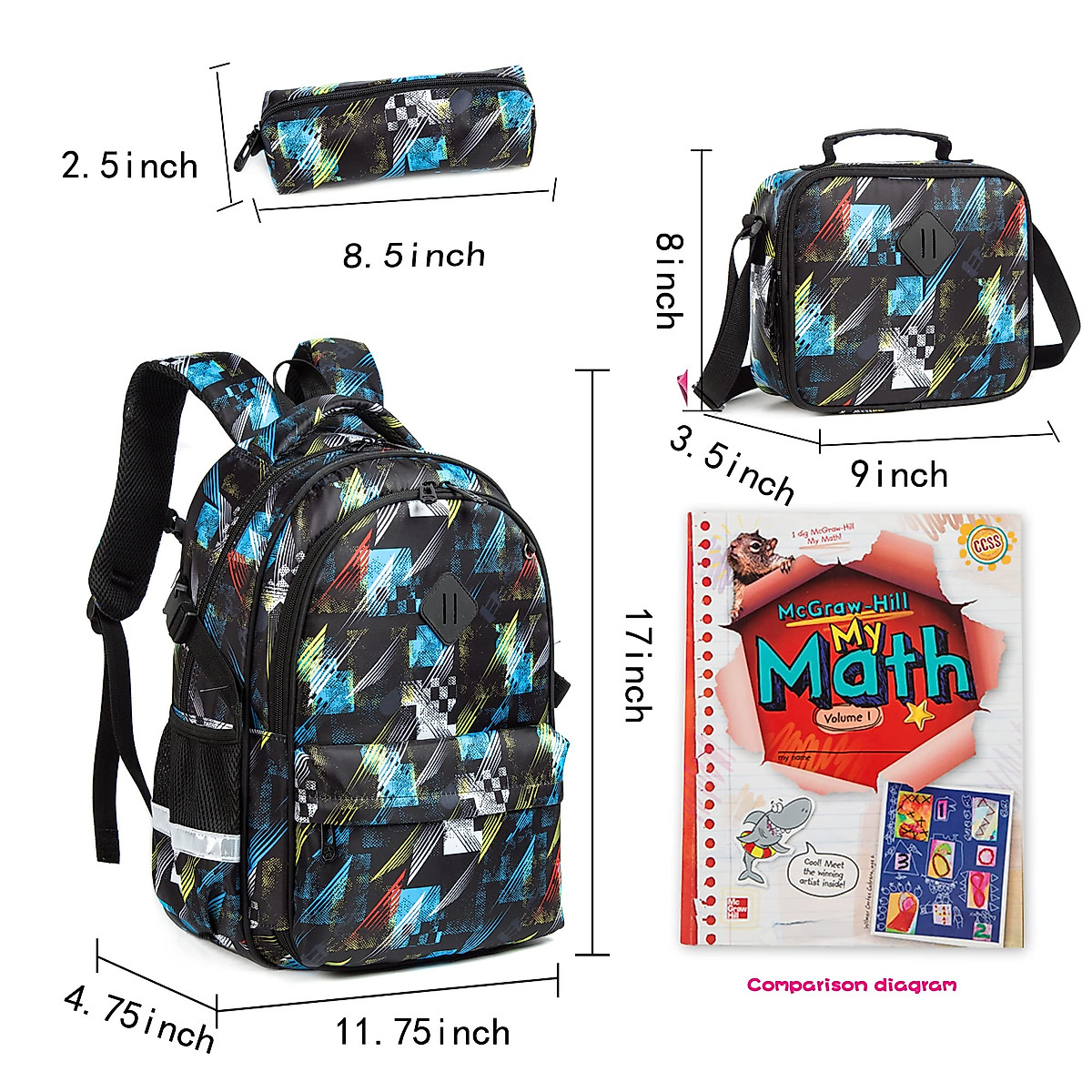 MOHCO Kids Backpack 16 in School Bookbag with Insulated Lunch Box Pencil Case Lightweight Student Bookbag for Girls and Boys