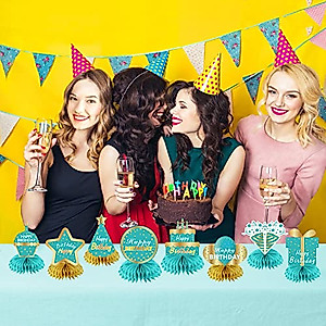 Teal and Gold Birthday Decorations Honeycomb Centerpiece for Women Girls, 8Pcs Breakfast Blue Gold Happy Birthday Table Centerpiece Party Supplies, 16th 21st 30th 40th 50th Birthday Table Topper Decor