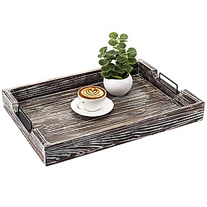 MyGift Torched Wood Large Serving Tray with Handles, 20 x 14 Ottoman Tray, Breakfast, Coffee Server Tray