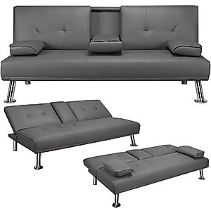 Futon Sofa Bed Modern Folding Couch for Small Space, Faux Leather Convertible Loveseat Sleeper Bed Daybed Recliner Lounge Sofas for Living Room,2 Cup Holders,Metal Legs,Removable Armrests (Gray)