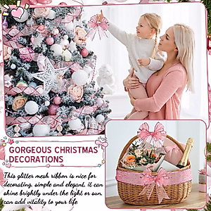 MTLEE 2 Rolls 20 Yards Valentine Ribbon Wired Pink Metallic Glitter Lace Ribbon for Xmas Crafts Floral Bow Making DIY Gift Wrapping Wedding Party Decor(2.5 Inch)