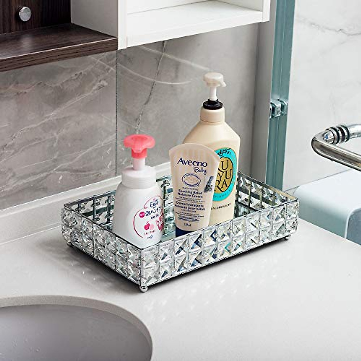 Feyarl Crystal Cosmetic Decorative Vanity Tray Jewelry Trinket Perfume Bottles Storage Organizer with Real Glass Surface for Dresser Table Home Deco12inch (Silver)