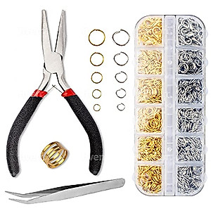 Anzlah Open Jump Rings and Lobster Clasps Jewelry Fixing Kit (1200 pcs Gold and Silver) with a Bent Nose Jump Ring Pliers, Tweezers, and a Jump Ring Opener (O Rings for Jewelry Making)