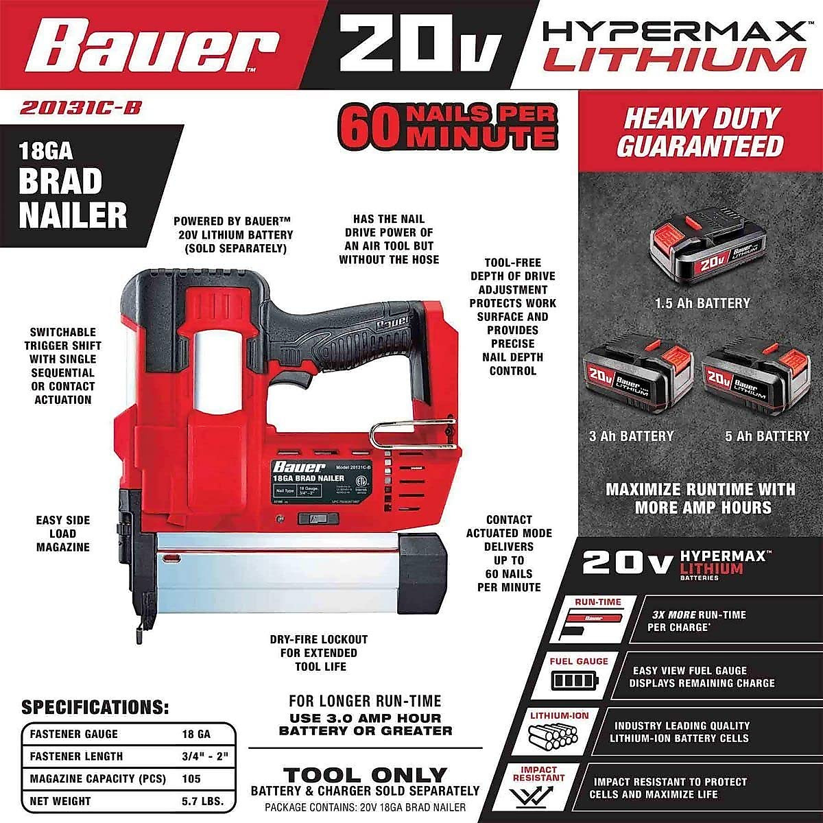 Cordless 18 Gauge Brad Nailer 20 Volt Battery Powered Tool Only From Bauer
