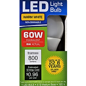 1 Led Energy Saving LED Light Bulbs 120v 60w/8w A19 Medium Base Warm