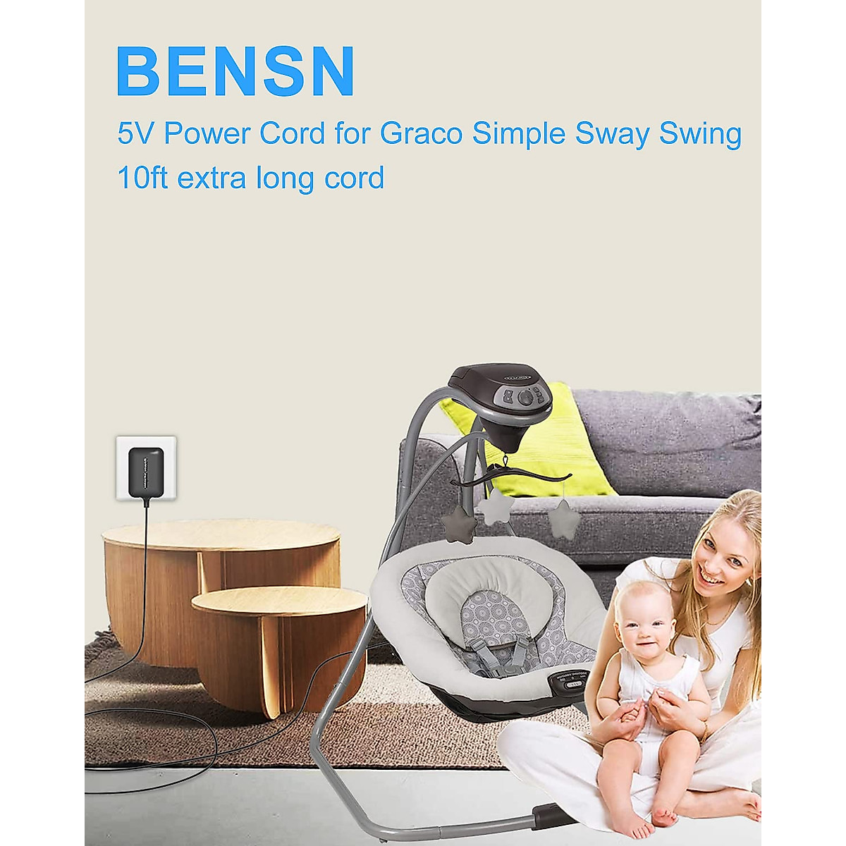 BENSN 5V Graco Simple Sway Swing Power Cord for Graco DuetSoothe, Glider LX/Elite/Premier/Petite LX, Sweetpeace, DuetConnect LX, Sweet Baby Swing Adapter, 10Ft Extra Long Cable