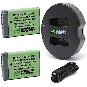 Wasabi Power Battery (2-Pack) Dual Charger for Canon NB-13L, PowerShot G1 X Mark III, G5 X, G5 X Mark II, G7 X, G7 X Mark II, G7 X Mark III, G9 X, G9 X Mark II, SX620 HS, SX720 HS, SX730 HS, SX740 HS