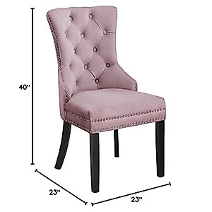 Meridian Furniture Nikki Collection Modern | Contemporary Velvet Upholstered Dining Chair with Wood Legs, Button Tufting, and Chrome Nailhead Trim, Set of 2, 23" W x 23" D x 40" H, Pink