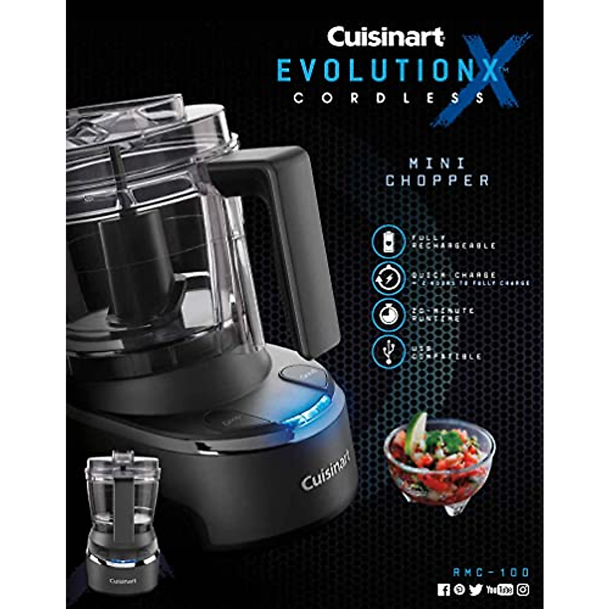 Mini Food Processor & Chopper by Cuisinart, Small Stand Mixer for Vegetables, Meats & More, 4 Cup, Electric, Black, RMC-100 7.4 x 6.85 x 9.42 inches