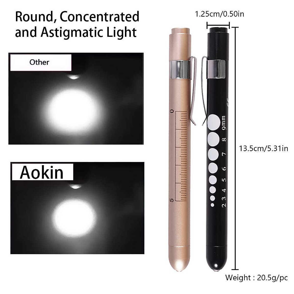 Aokin Pen Light with Pupil Gauge, Reusable LED Penlight Medical for Doctor Nurse Diagnostic etc, White Light, Gold and Black