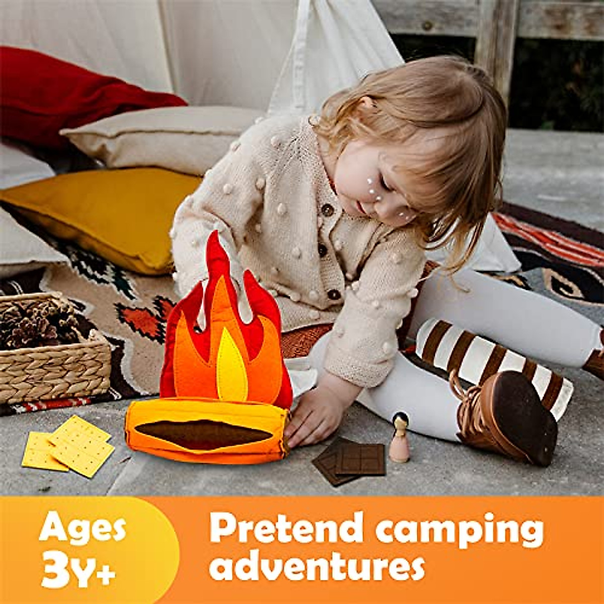 Kids Camping Toys Plush Toy Campfire,Dramatic Play Toys For Preschool,Sensory Play Camping Toy Set with Plush Felt Fake Fire,Multi-element Indoor and Outdoor Props,Outdoor Activities Camping Toy Sets
