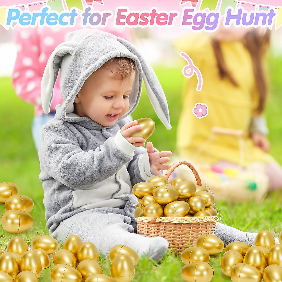 SevenQ Easter Eggs Empty 100Pcs, Fillable Plastic Golden Eggs for Easter Basket Stuffers Fidget Toy Easter Gifts for Kids Party Favors Pinata Treasure Box Candy Goodie Bags Fillers Egg Hunt Essentials