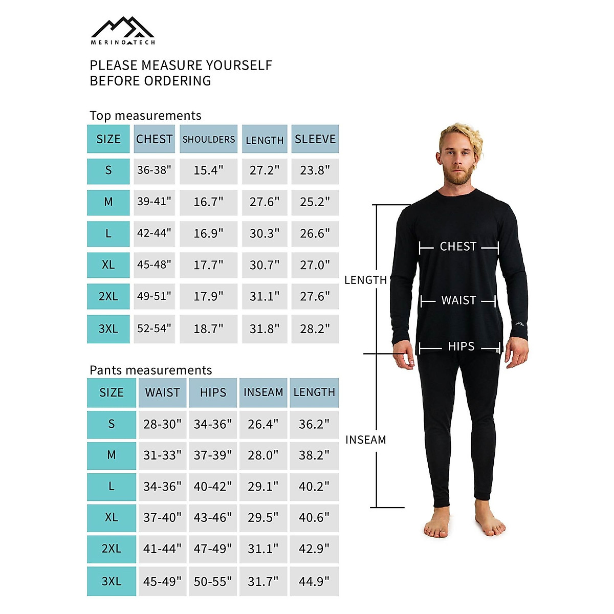Merino.tech Merino Wool Base Layer Mens Set - Midweight Merino Wool Thermal Underwear For Men Top, Bottom (Medium, 250 Black)