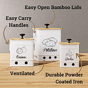 Potato Onion Garlic Storage Set of 3 Ventilated Iron Canisters with Bamboo Lids - Potato and Onion Storage Bin for Pantry - Kitchen Vegetable Storage Containers - Cute Metal Vegetable Bin Set of 3
