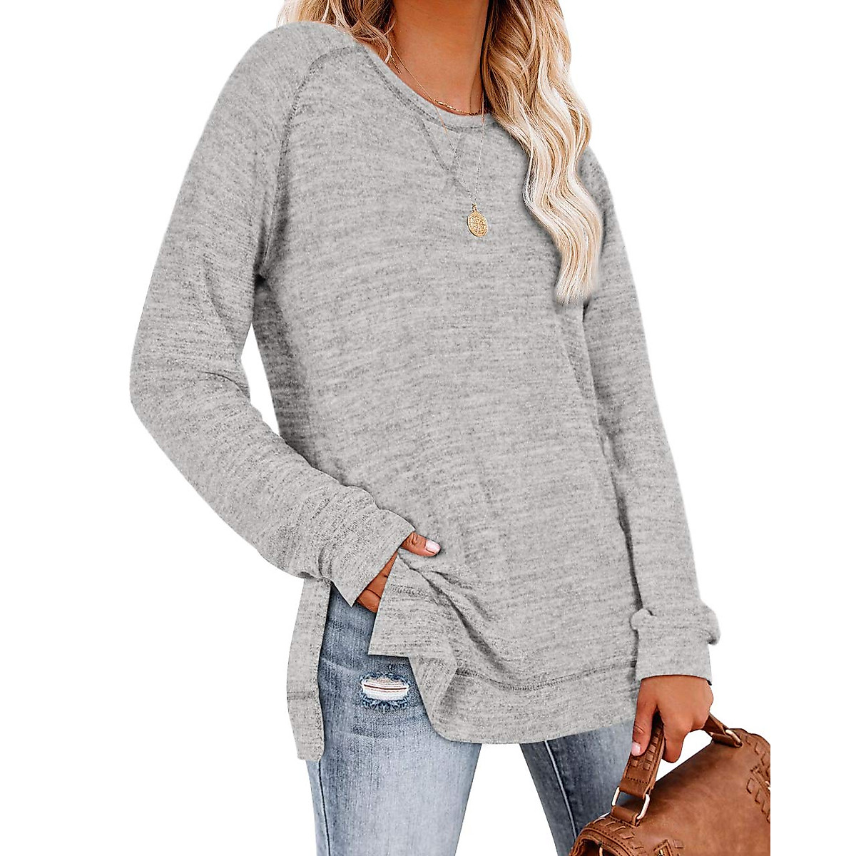 Aokosor Long Sleeve Shirts for Women 2024 Loose Casual Tunic Tops for Leggings Light Grey XL