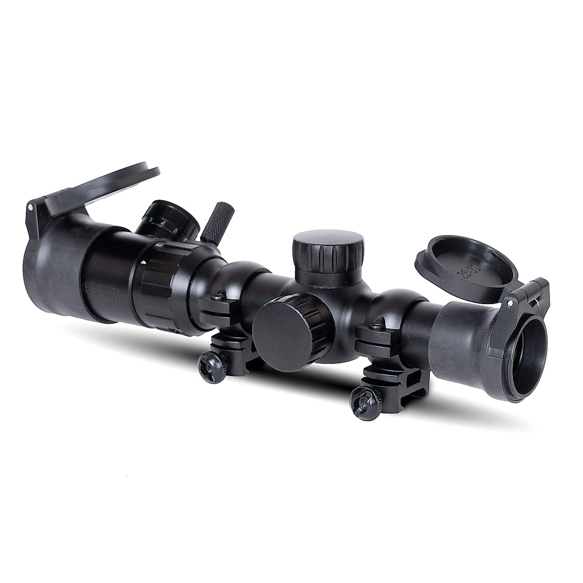 Monstrum 1-4x20 Rifle Scope with Rangefinder Reticle and Medium Profile Scope Rings | Monstrum Flip Up Lens Cover Set | Bundle