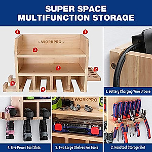 WORKPRO Power Tool Organizer, Cordless Drill Holder Storage Wall Mount with 5 Drill Hanging Slots, Screwdriver Rack, Solid Wooden Tool Storage for Garage, Workshop, Warehouse