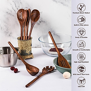 Black Walnut Kitchen Utensils Set - 7 Pcs Dark Wooden Cooking Utensils, 13.6” Long Handle Natural Walnut Wood Flat Spatula, Slotted Turner, Soup Ladle, Skimmer, Pasta Server, Corner Spoons for Cooking
