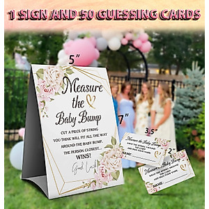 Measure Mommy's Belly Sign, Baby Shower Sign, Measure the Baby Bump How Big is Moms Belly -1 Sign and 50 Guessing Cards(9B)