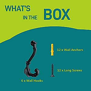 6 Pack Cast Iron Wall Hooks Antique Vintage Rustic Farmhouse Coat Hooks, Great for Coats, Bags, Towels, Hats, Mounting Screws Included