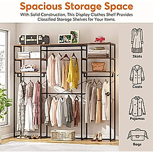 LITTLE TREE Free Standing Closet Organizer, Large Heavy-duty Garment Rack with Shelves and Hanging Rods,Open Wardrobe for Bedroom,Brown