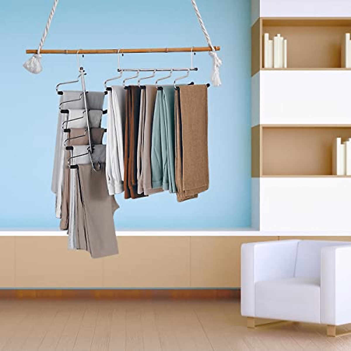 3 Pack Pants Hangers Space Saving Heavy Duty Magic Slacks Jeans Trouser Hanger, Non-Slip Foam Padded 5 Layers, Multi-Purpose Premium Metal Closet Organizer for Leggings