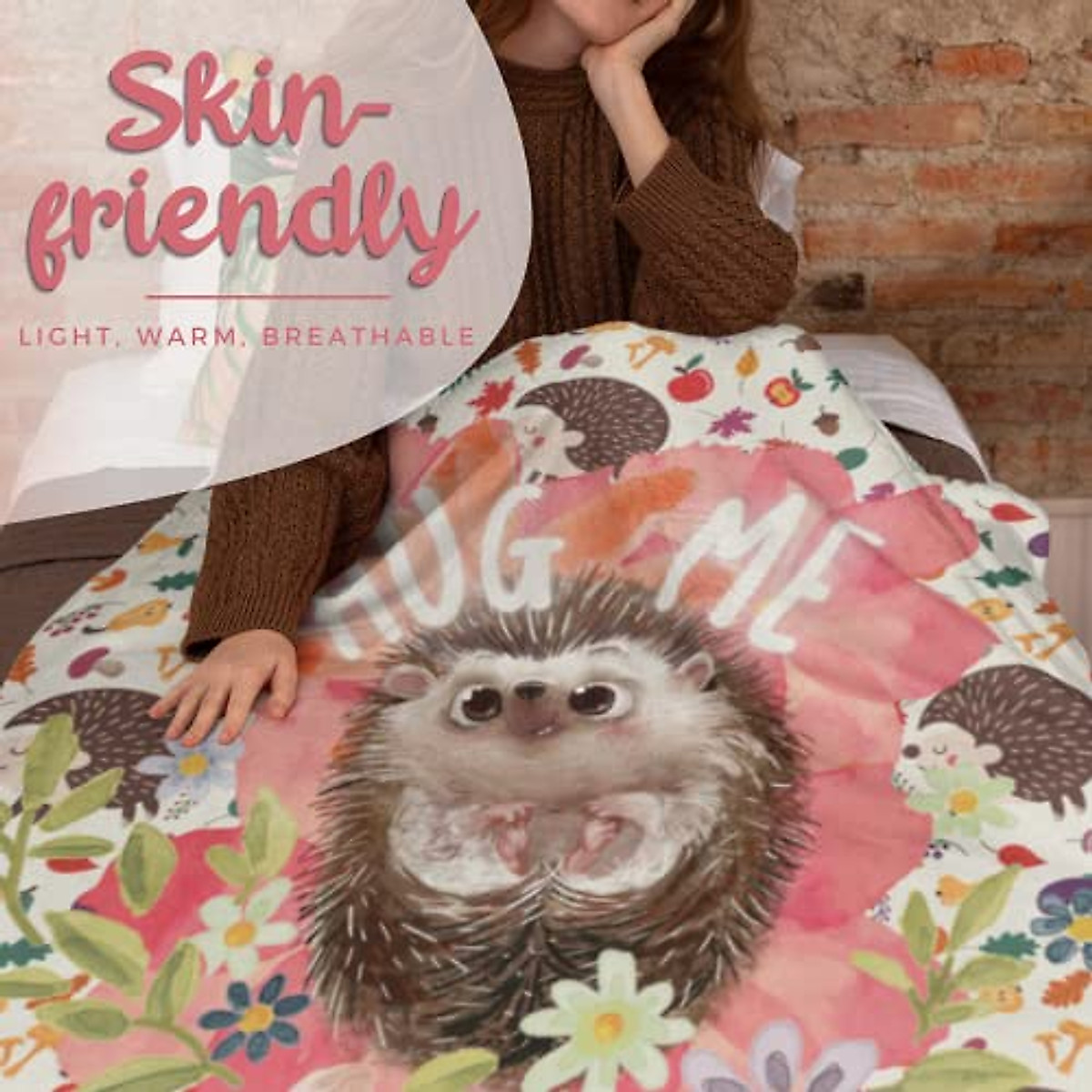 Hedgehog Gifts for Women & Girls, Hedgehog Throws for Hedgehog Lovers, Super Soft Flannel Throw Blankets with Cute Hedgehog Pattern, Birthday Gifts, 50” x 65”, White