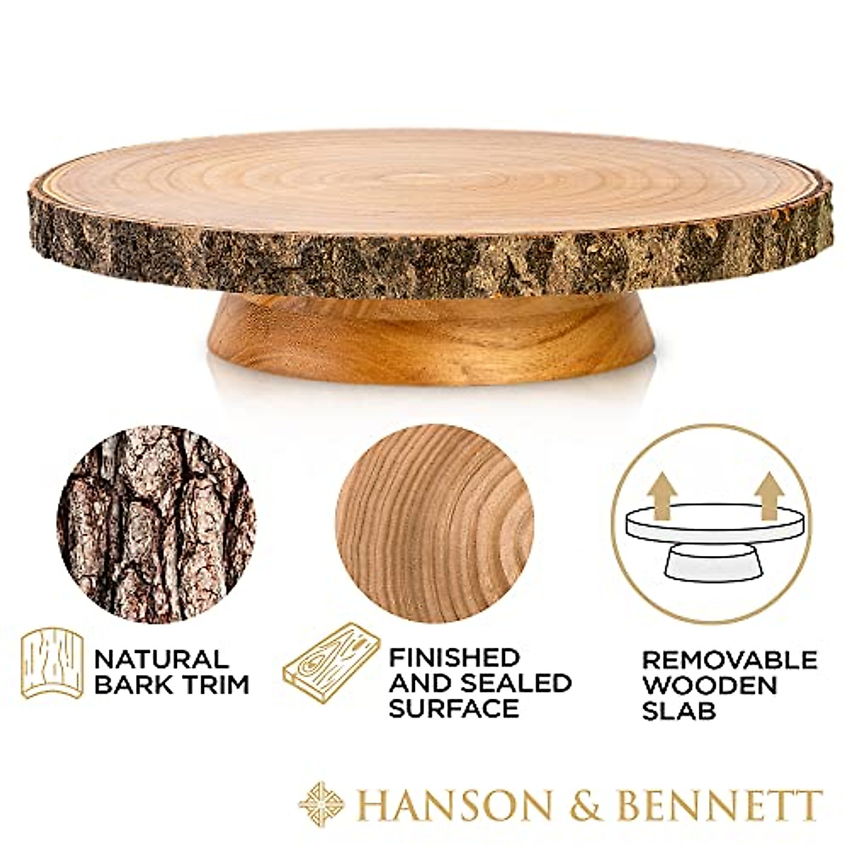 Hanson and Bennett Wooden Rustic Cake Stand - Beautiful and Natural Rustic Wedding Cake Stand - Smooth, Finished Wood Cake Stand Rustic Slab - Stunning Wood Slice Cake Stand for Wedding Reception