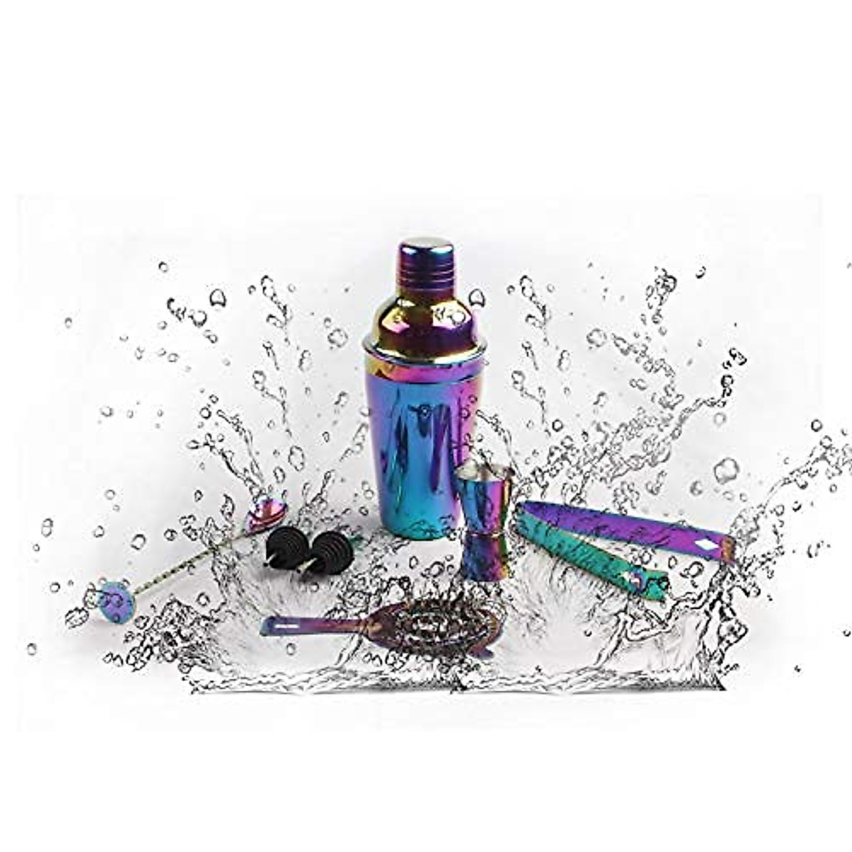 Cocktail-Shaker Set Boston-Bartender-Strainer-Kit Bar-Tool-Set - Rainbow Stainless Steel Cocktail Strainer Measuring Jigger Mixing Spoon 8Pcs