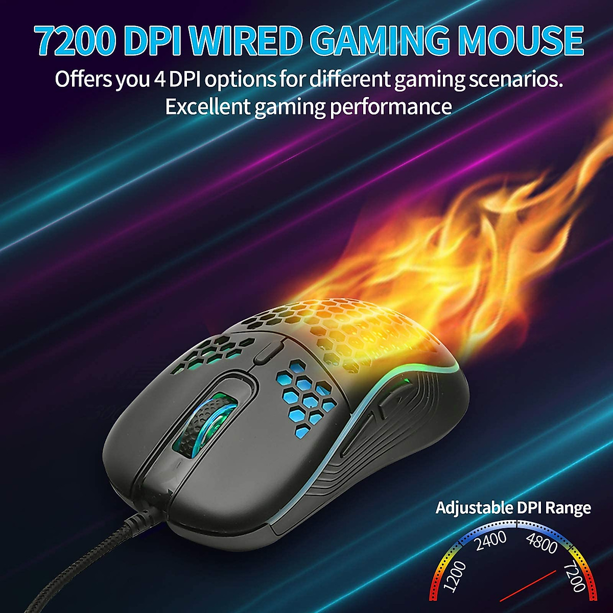 Honeycomb Wired Gaming Mouse, RGB Backlight and 7200 Adjustable DPI, Ergonomic and Lightweight USB Computer Mouse with High Precision Sensor for Windows PC & Laptop Gamers (Black)