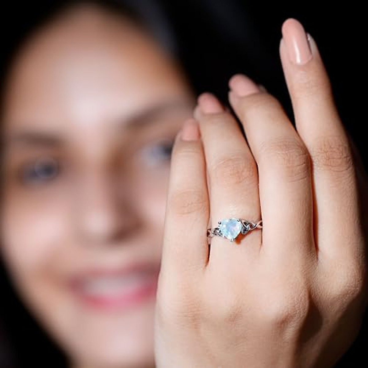 Rosec Jewels Certified Opal 8mm Heart Shaped Engagement Ring for Women, AAA Quality, Natural Opal Celtic Knot Ring (Ready to Gift), 14K White Gold, Size:US 6.00