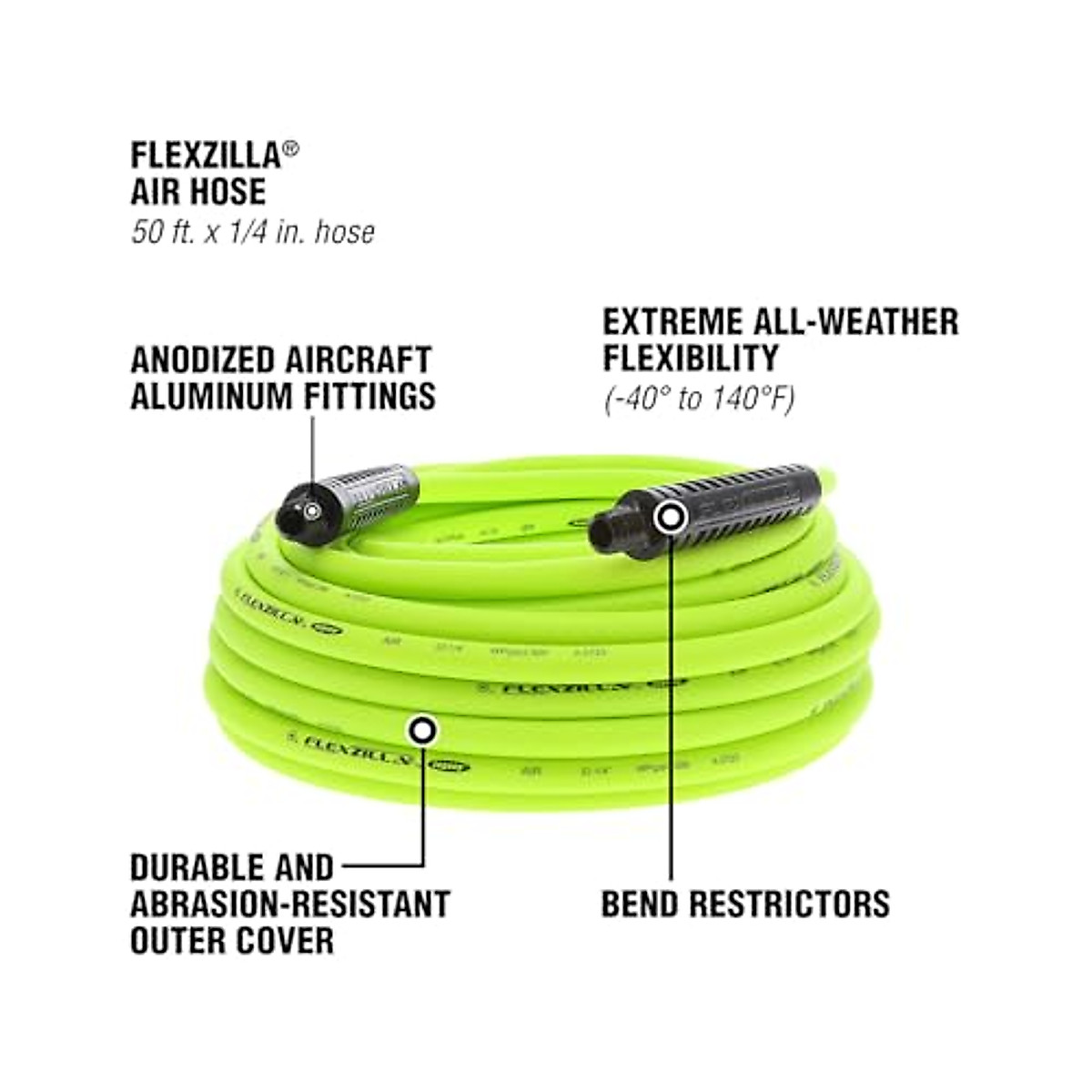 Flexzilla Air Hose 1/4 in x 50', 1/4 in. MNPT Fittings, Heavy Duty, Lightweight, Hybrid, ZillaGreen - HFZ1450YW2