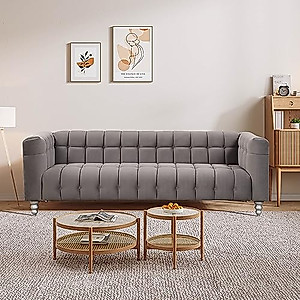 Melpomene Upholstered 89" Velvet Button Tufted 3 Seater Sofa with Solid Wood Legs,Luxury Chesterfield Sofa with Square Arms, for Livingroom, Office, Apartment(Grey)
