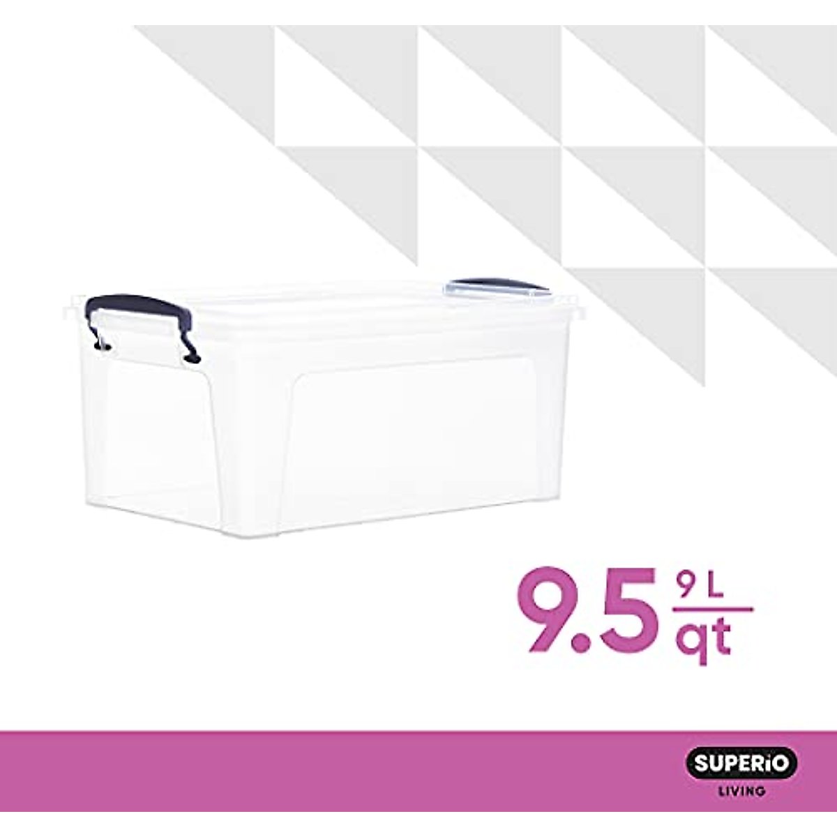 Superio Clear Storage Bin with Lid, Stackable Plastic Deep Storage Latch Box with Snap Lock Closure (9.5 Quart)