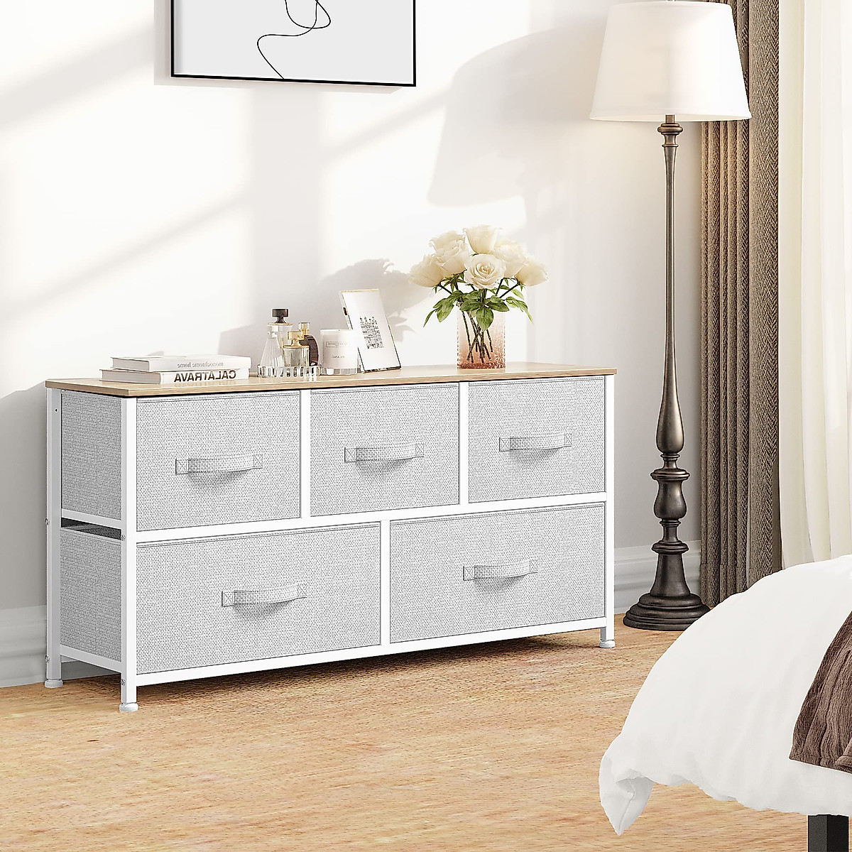 DWVO Dresser TV Stand, Fabric Dresser with 5 Drawers, Dresser for Bedroom, Wide Dresser, Storage Tower, Chest of Drawers for Closet, Living Room, Hallway, Light Grey