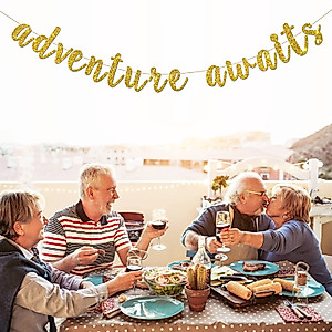 Adventure Awaits Banner, Wedding Engagement Party Bunting Decor, Congrats Grad, Birthday Retirement Sign Graduation Party Decorations Gold Glitter